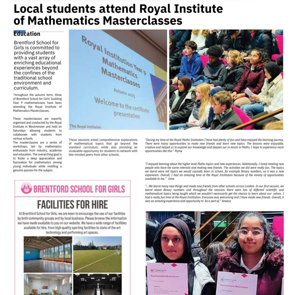 Brentford School for Girls - Local students attend the Royal Institute of Mathematics Masterclasses